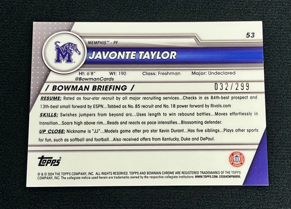 2023-24 Bowman Chrome University Javonte Taylor Aqua Refractor SP /299 ...