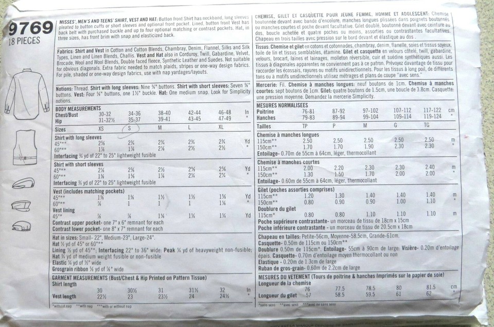 Simplicity sewing pattern no.9769 Unisex XS S M SHIRT, VEST | eBay