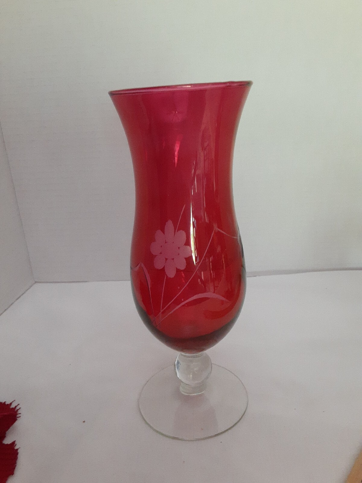 Vintage Cranberry Red Bud Vase Etched Floral Cut To Clear Pedestal 8.25 ...