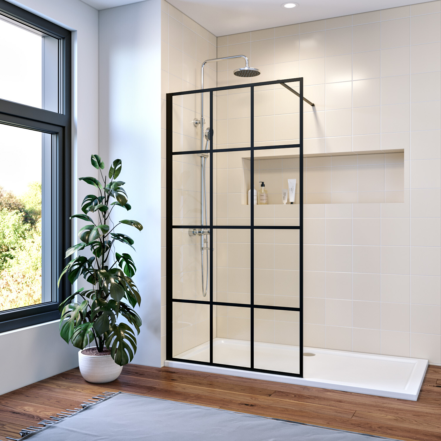 Black Grid Walk In Shower Enclosure Wet Room Screen Panel 8mm Tempered ...