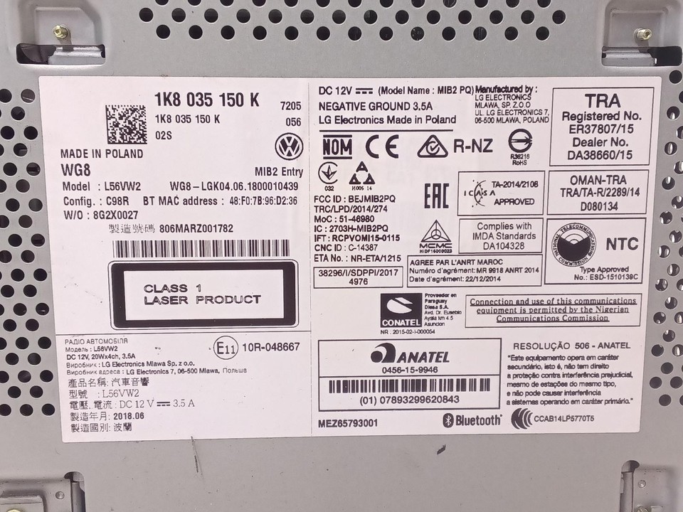VW TRANSPORTER 2019 (T6) Radio Media Head Unit MIB 2 Entry 1K8035150K ...