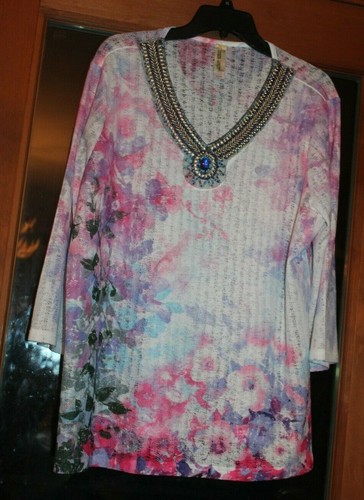 Endless Designs Semi Sheer Floral Print Top w/ Beautiful Beaded ...