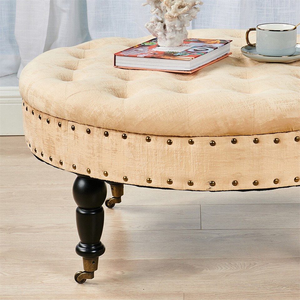 Large Upholstered Tufted Button Velvet Round Ottoman Coffee Table ...