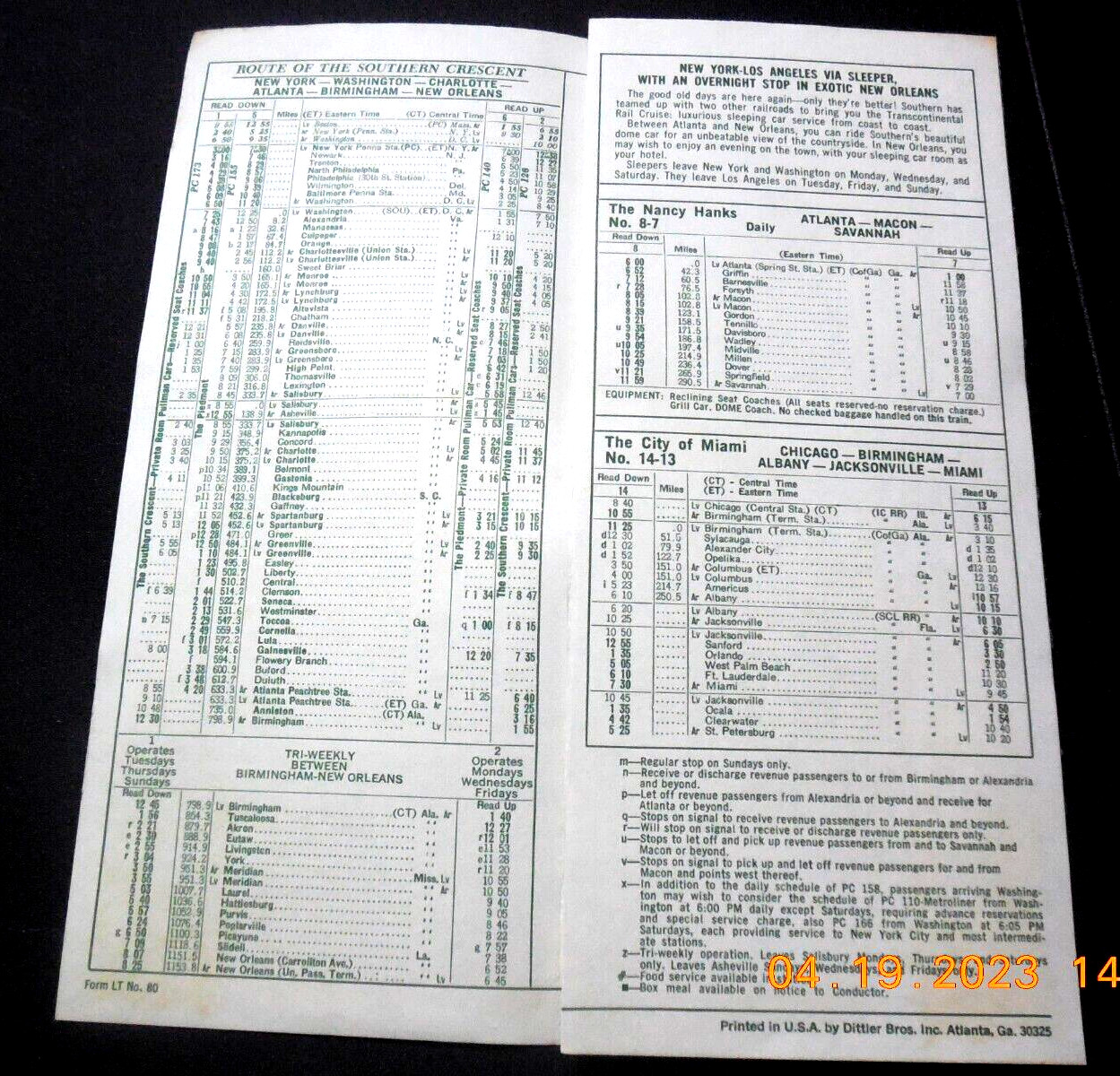 Southern Railway System Timetable 20 November 1970 New York Atlanta ...
