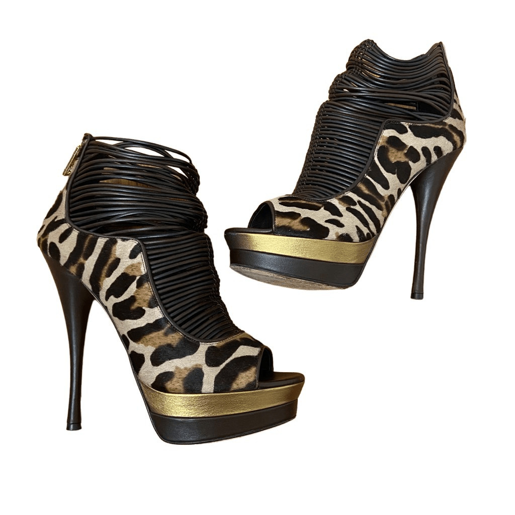Versace Leopard Print Calf Hair Caged Heel Booties Si… - Gem