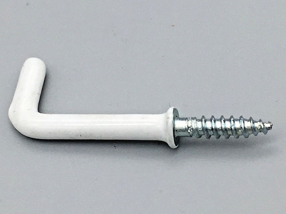 50 x SQUARE L CUP HOOKS 25mm shouldered white plastic coated screw hook ...
