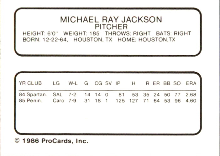 1986 Reading Phillies ProCards #11 Michael Jackson Houston Texas ...