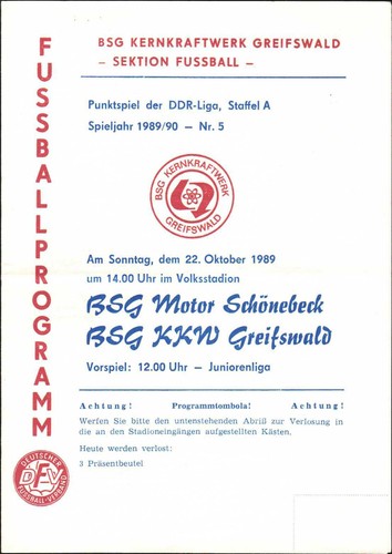 DDR League 89/90 BSG KKW Greifswald - BSG Motor Schönebeck, 22.10.1989 ...