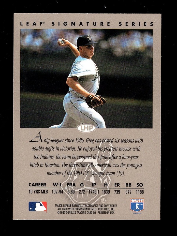 1996 LEAF SIGNATURE SERIES BRONZE GREG SWINDELL AUTO AUTOGRAPH ASTROS ...