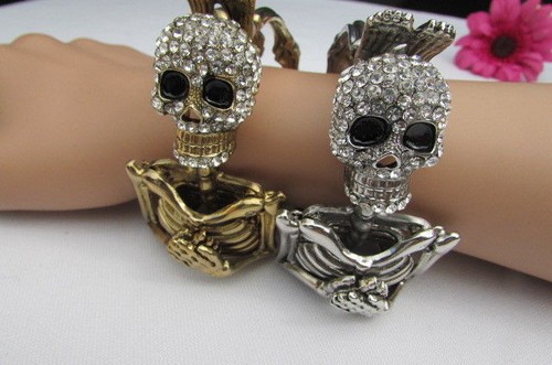 Women Bracelet Fashion Gold Bling Skeleton Jewelry Halloween Cuff Skull ...