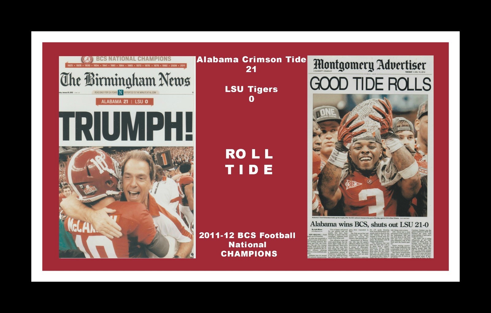 Alabama beats LSU and wins 2011-12 BCS matted photo of newspaper front ...