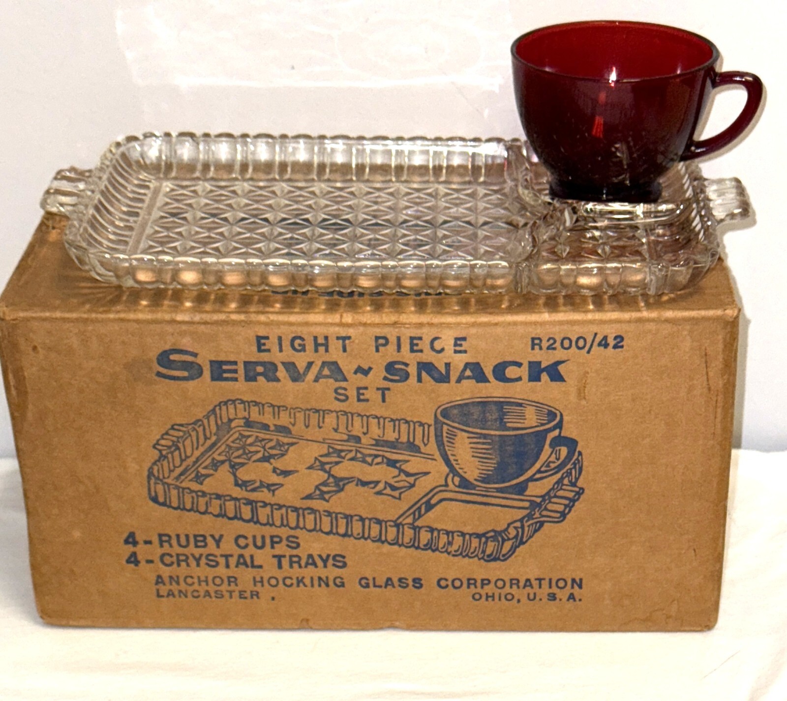Hocking ROYAL RUBY RED SERVA-SNACK 8 PC SNACK SET *CUPS & TRAYS * | eBay