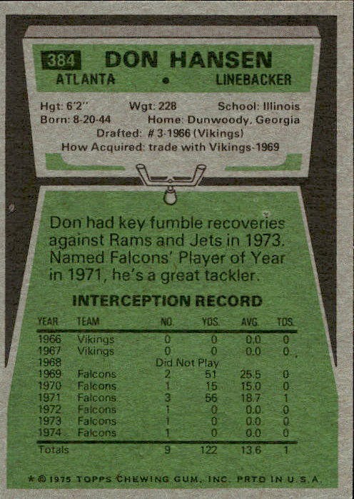 1975 Topps Football SET BREAK #384 Don Hansen NMMT | eBay