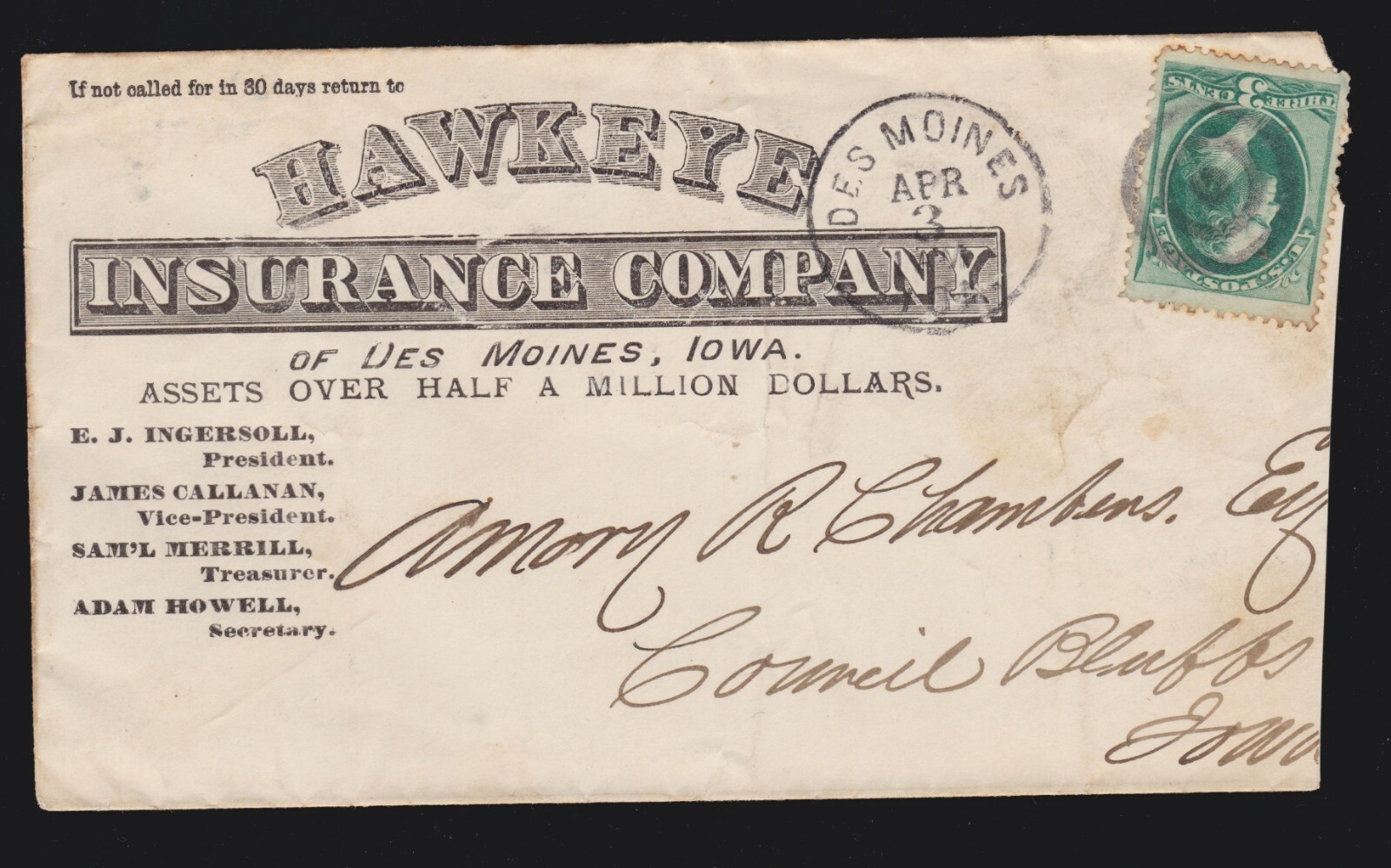US Hawkeye Insurance Company Advertising Cover with Target Fancy Cancel ...
