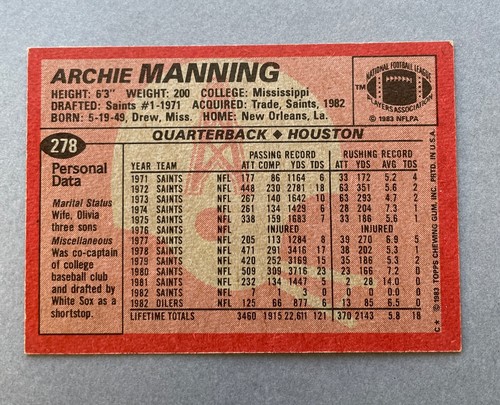 1983 Topps Football Archie Manning #278 HOF Houston Oilers | eBay