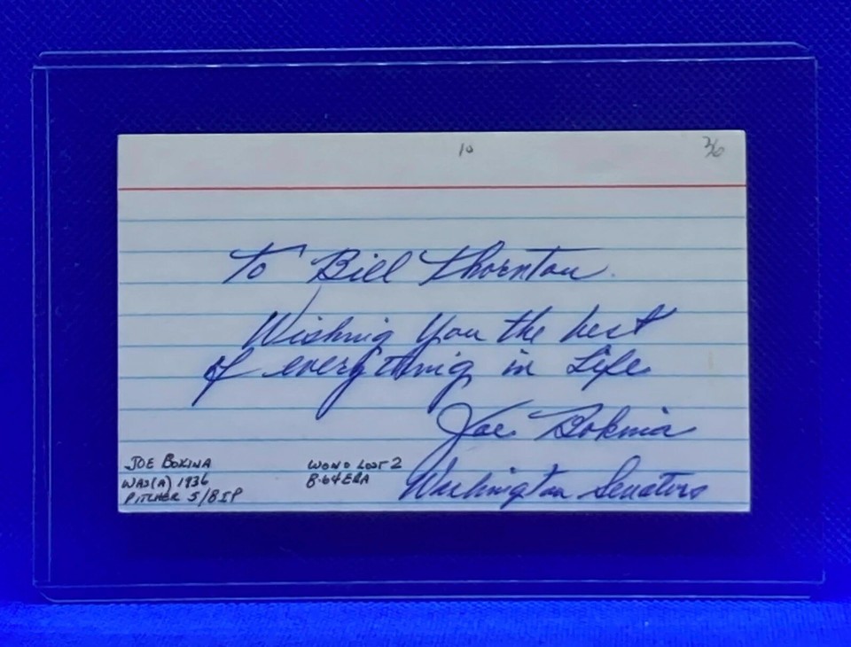 Joe Bokina 1936 Washington SENATORS Signed Autographed 3x5 Index Card ...