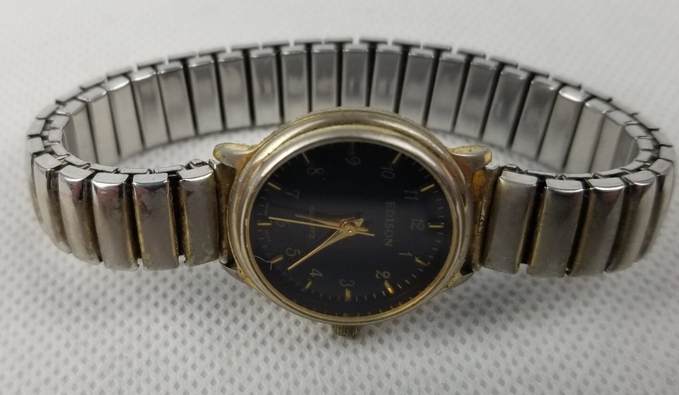 Vtg EDISON QUARTZ Ladies Watch Black Dial With Gold & Silver Tones ...