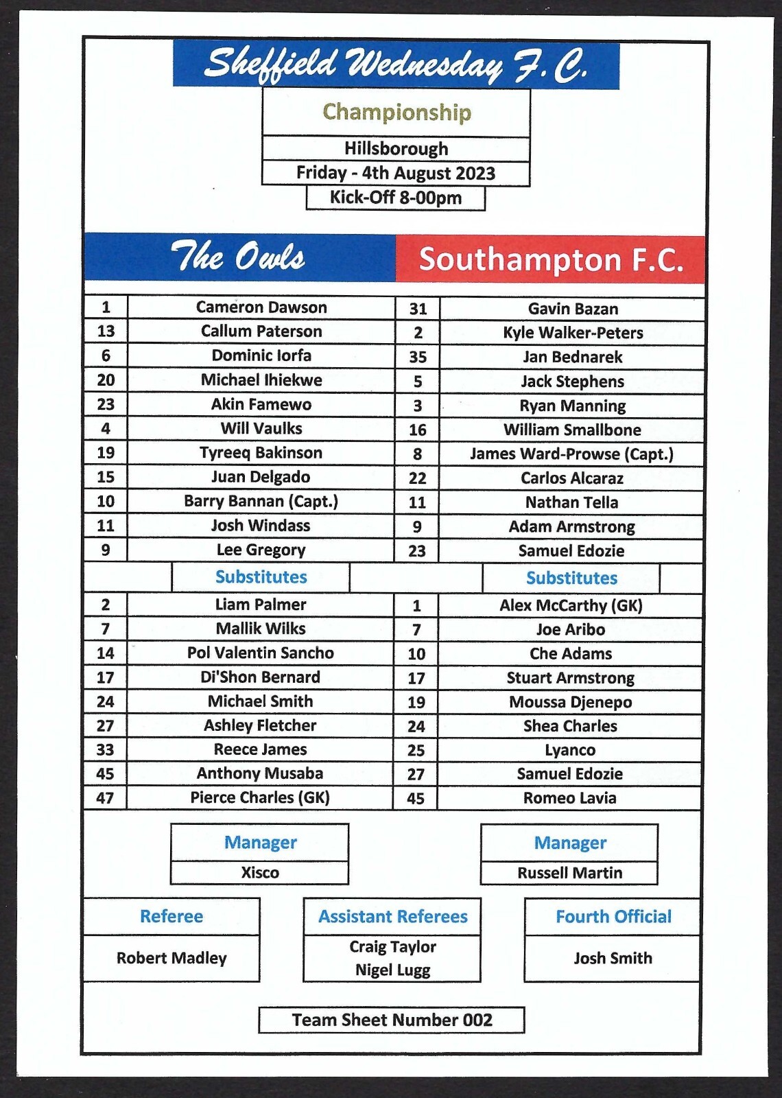 SHEFFIELD WEDNESDAY v SOUTHAMPTON 04.08.23 CHAMPIONSHIP TEAM SHEET ...