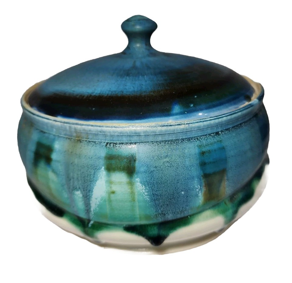 CL Chris Lively Pottery Bowl Bean Pot Lid Winter Blue Drip Virginia ...