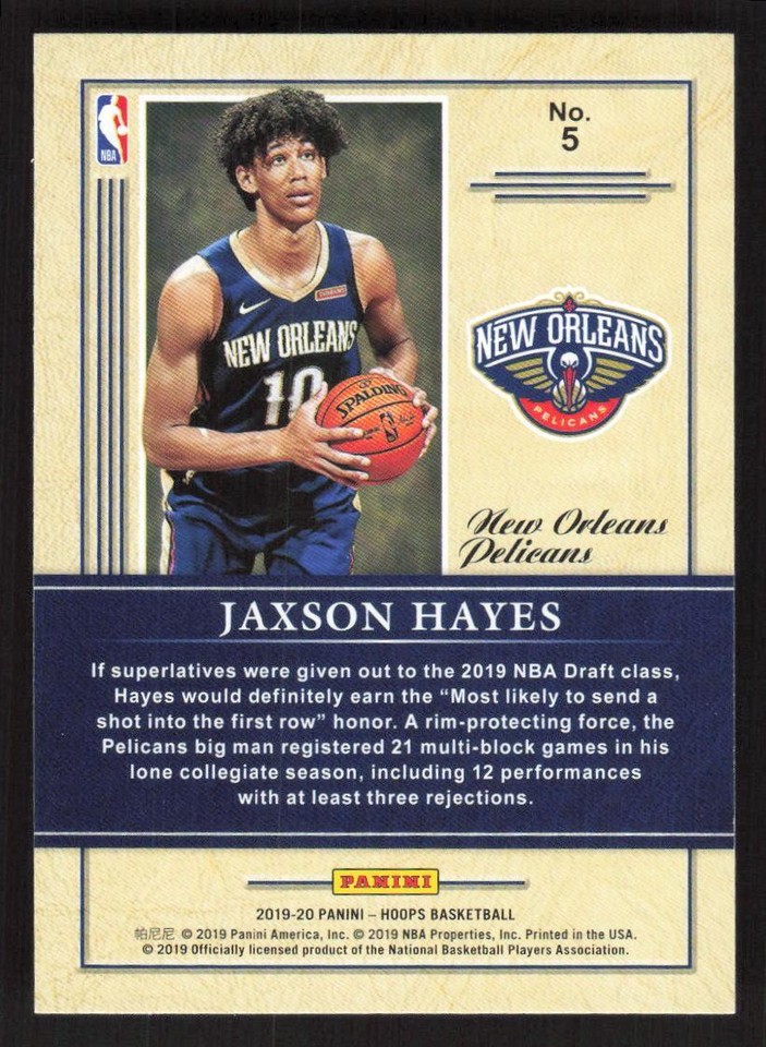 2019 HOOPS JAXSON HAYES 5 MINT CLASS OF 2019 RC BASKETBALL NEW ORLEANS ...