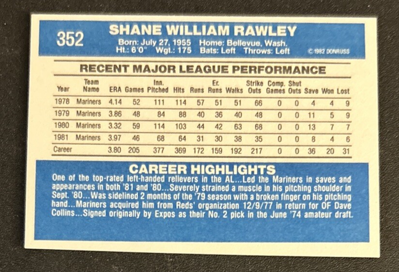 1982 Donruss Shane Rawley CORR Baseball Card #352 Mariners Pitcher VG O ...