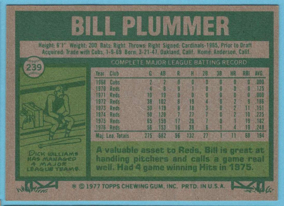 1977 Topps Bill Plummer #239 Cincinnati Reds | eBay