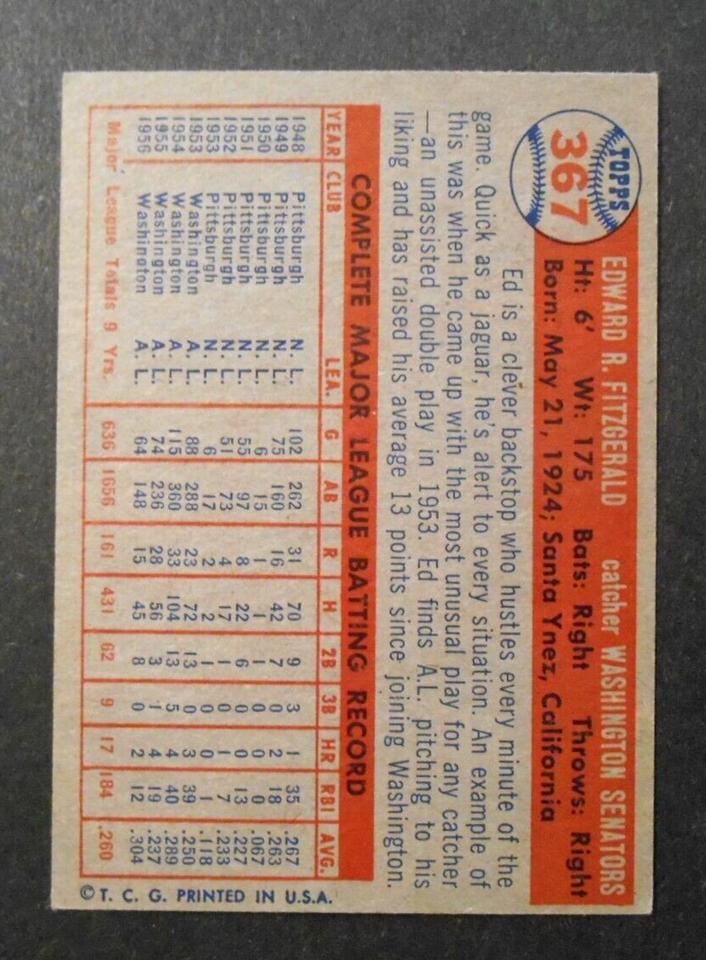 1957 Topps #367 ED FITZGERALD Washington Senators EX No Creases | eBay