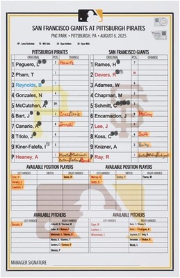 Pittsburgh Pirates GU Lineup Card vs. San Francisco Giants on August 6 ...