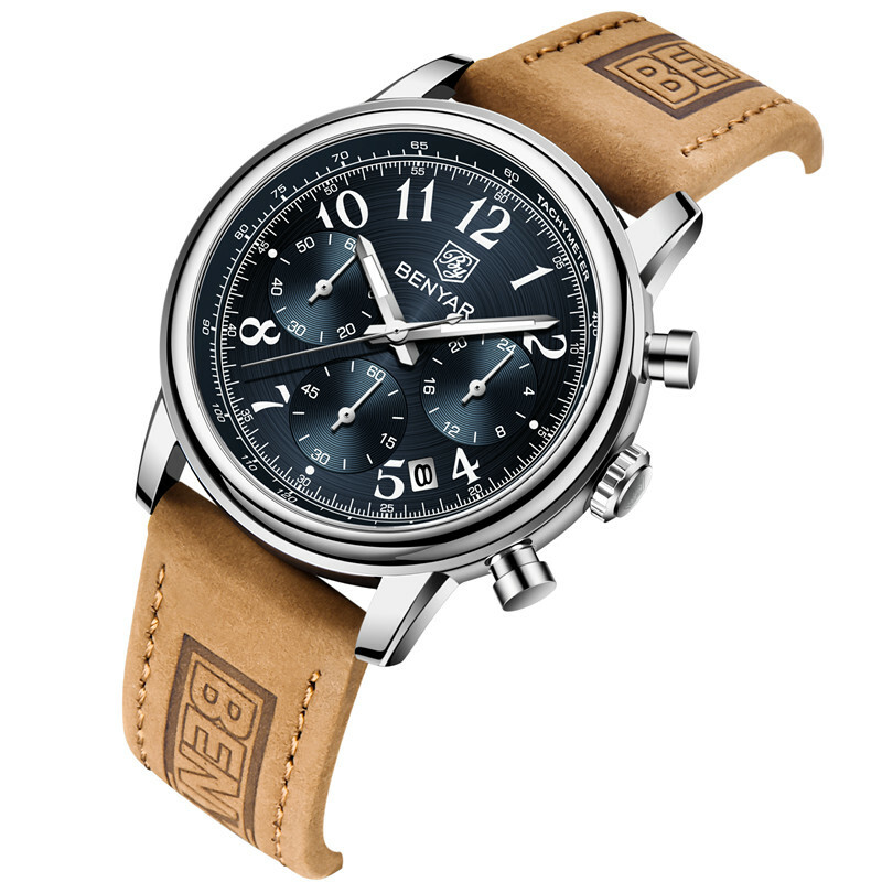 BENYAR New Men Watch Leather Strap Luxury Waterproof Sport Chronograph ...