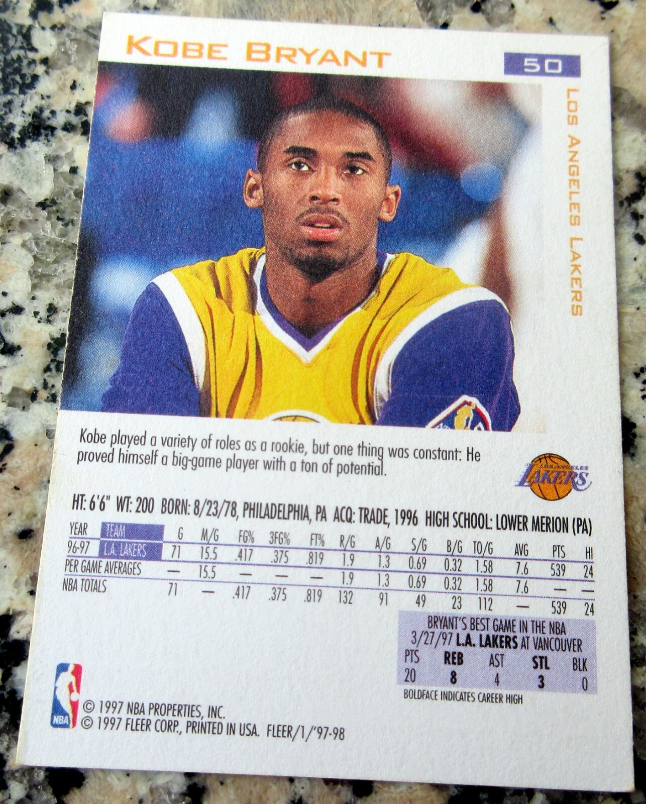 KOBE BRYANT 1997 Fleer All Rookie Card RC GOLD Los Angeles Lakers HOF ...