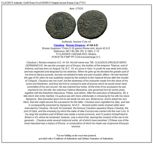CLAUDIUS Authentic 42AD Rome Food MODIUS Original Ancient Roman Coin ...