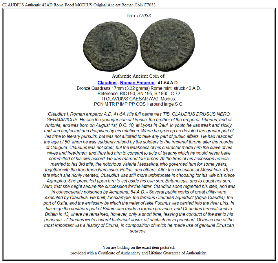 CLAUDIUS Authentic 42AD Rome Food MODIUS Original Ancient Roman Coin ...