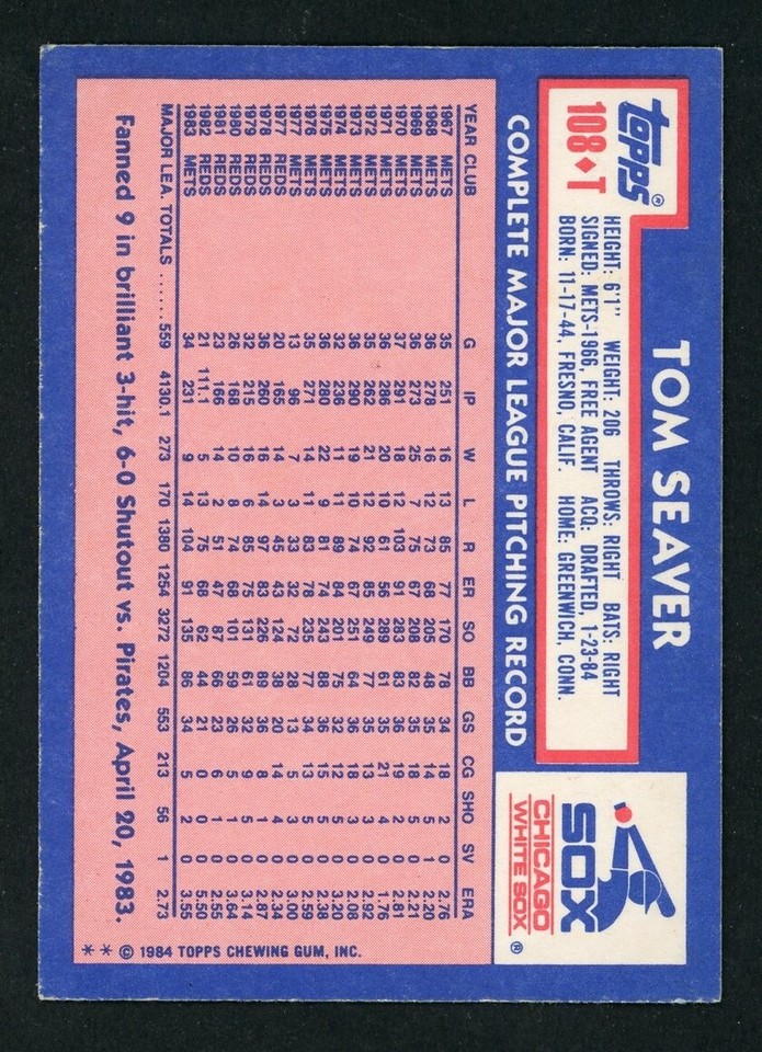 Tom Seaver Signed Auto 1984 Topps Traded White Sox Card #108T Mets HOF ...
