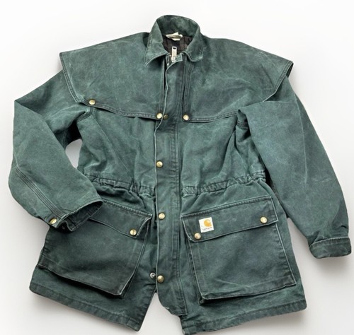 VTG Carhartt Chore Jacket Mens L Green Blanket Lined CW043 Cape Duster ...