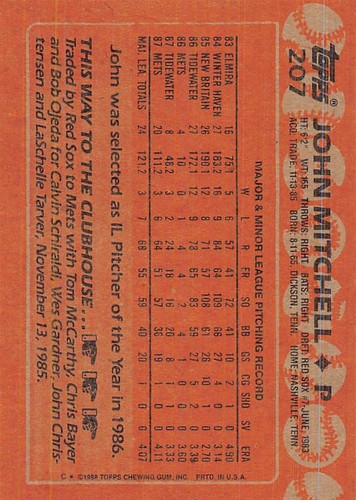 John Mitchell 1988 Topps 207 New York Mets Rookie Baseball Card | eBay