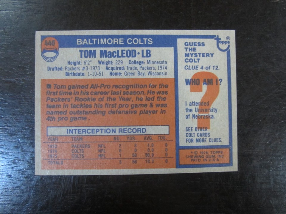 1976 Topps # 440 Tom MacLeod Autograph Signed Auto Card (M2) Baltimore ...