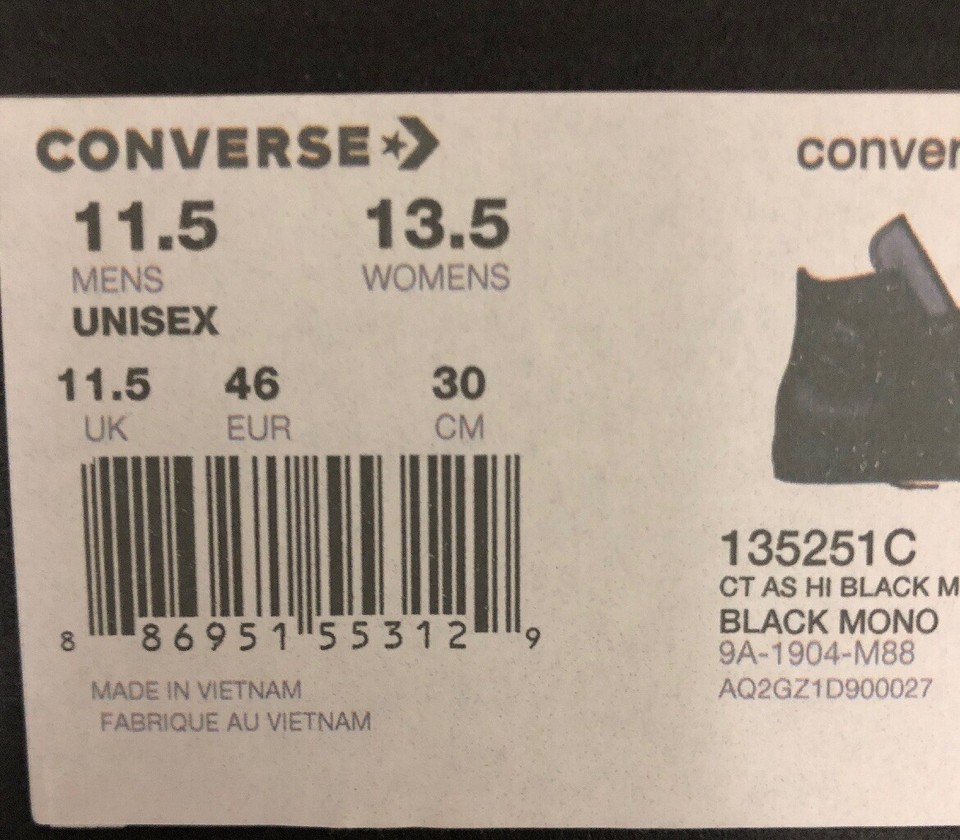 Converse Chuck Taylor All Star Hi Top Trainers Mono Black Leather 11.5 ...