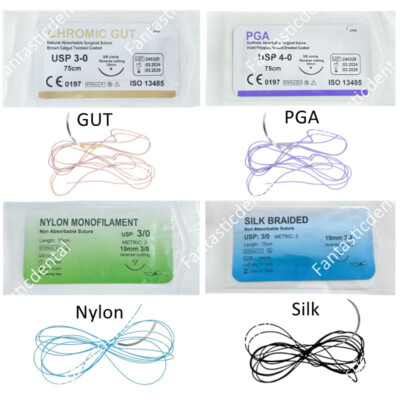 Sutures with Needle PGA GUT Silk Nylon Dental 3/0 4/0 5/0 Absorb For ...
