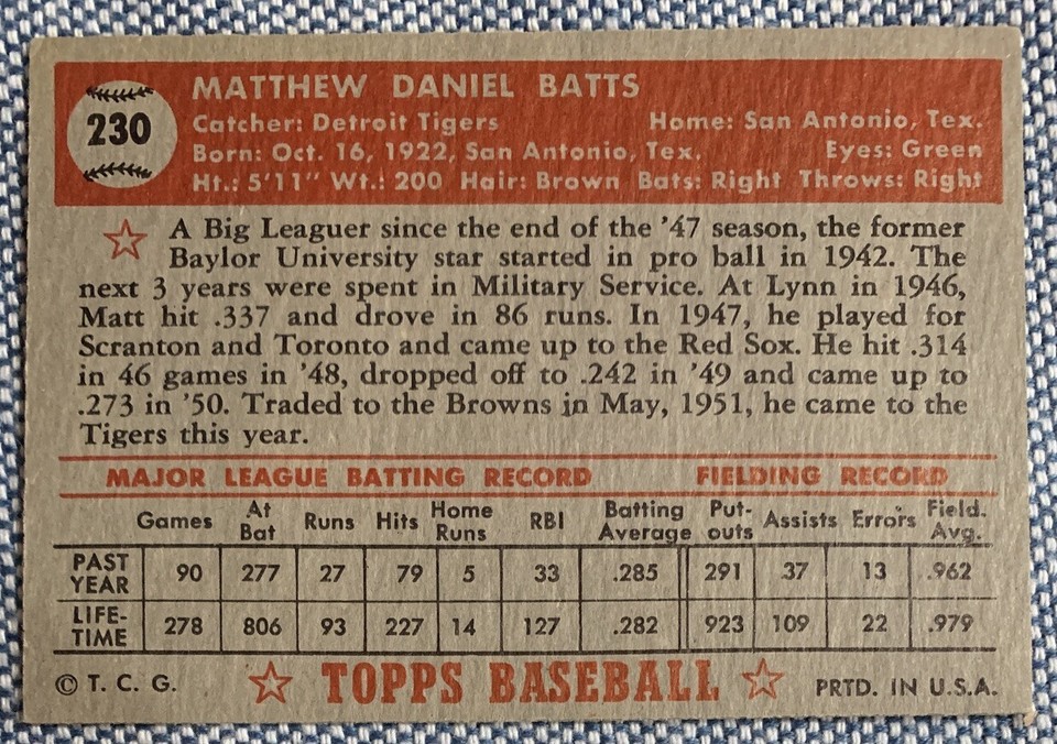 Matt BATTS 1952 Topps Baseball #230 VG Small Corner Crease Detroit ...