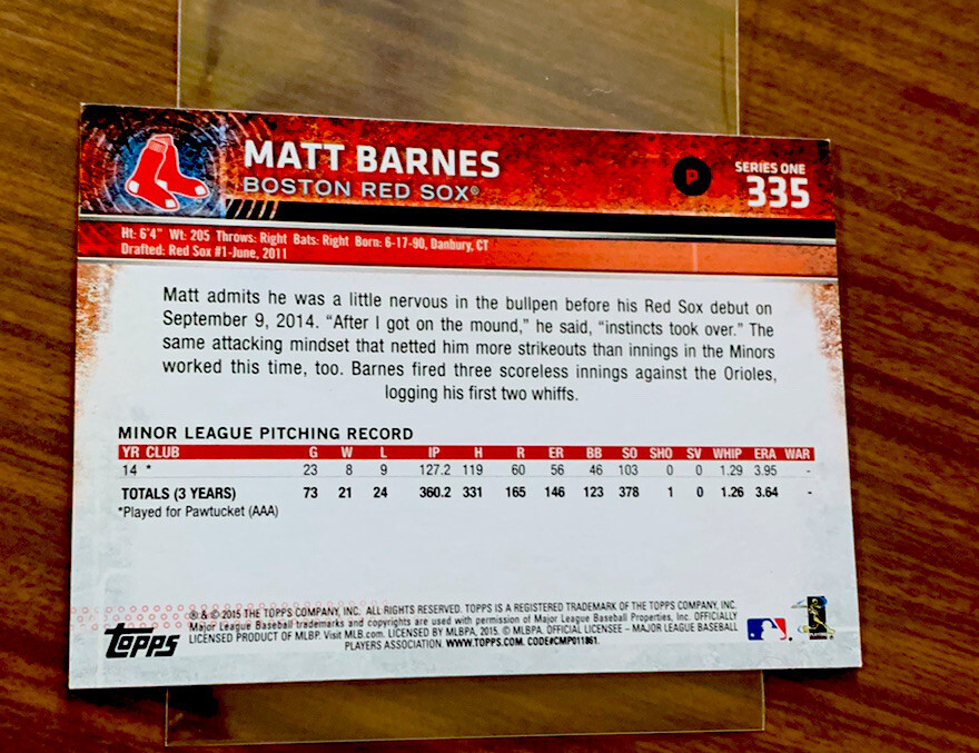 Matt Barnes 2015 Topps Baseball RC # 335, U Conn / Boston Red Sox - Qty ...