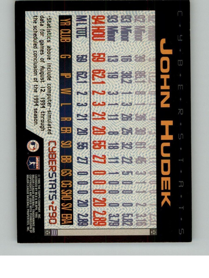 1995 Topps John Hudek 290 Houston Astros CyberStats (Spectralight) | eBay