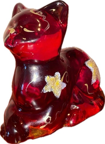 Fenton Perky Christmas Cat Gold Star On Ruby 2008 Hand Painted & Signed ...