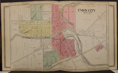 Michigan Branch County Map Union City 1915 Double Page L24#02 | eBay