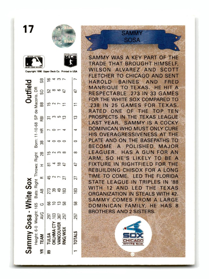 Sammy Sosa RC Rookie 1990 Upper Deck #17 Chicago White Sox NM-MINT | eBay