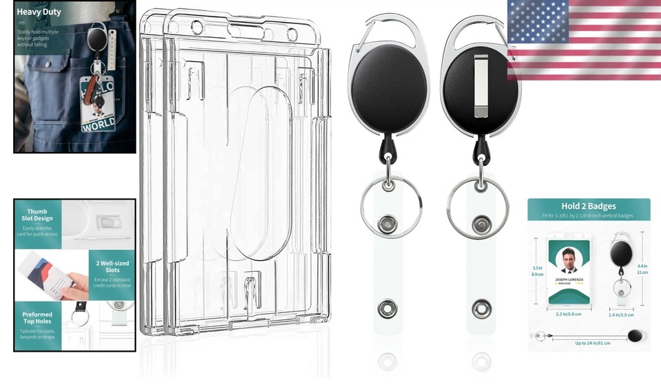 2-Pack Polycarbonate Badge Holders with Retractable Clips - Heavy-Duty ...