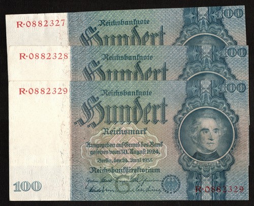 Deutsche Reich Reichsbanknote 1933 100 Mark 176a Unc ++ Three Notes ...