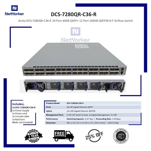 Arista DCS-7280QR-C36-R 24x 40GB QSFP+ 12x 100GB QSFP28 B-F Switch-Same ...