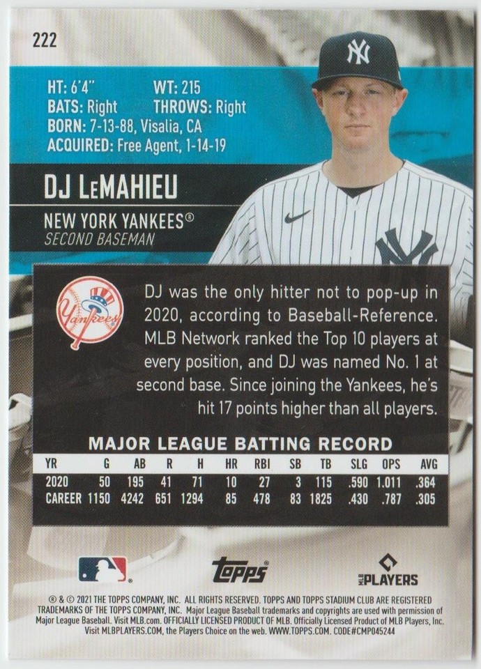 2021 Stadium Club #222 DJ LeMahieu | eBay