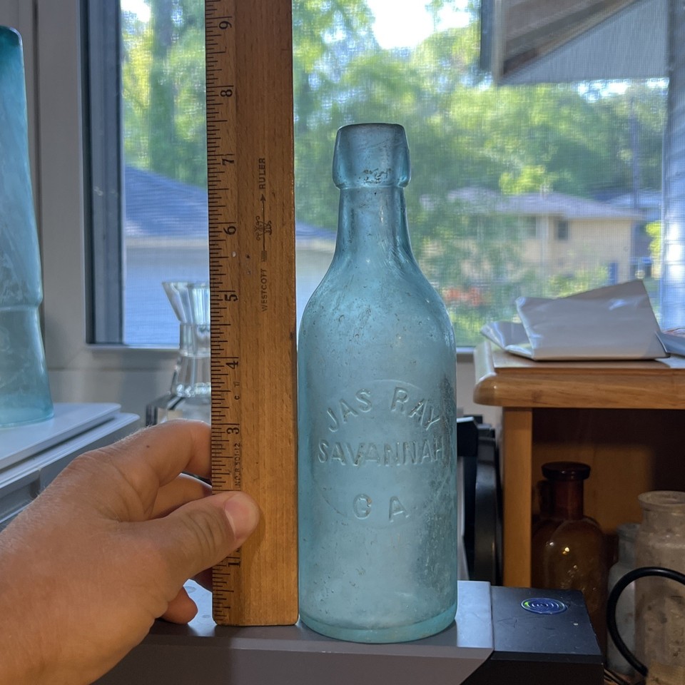 Antique Jas Ray Savannah Georgia GA Blob Aqua Soda Bottle Hand Blown ...