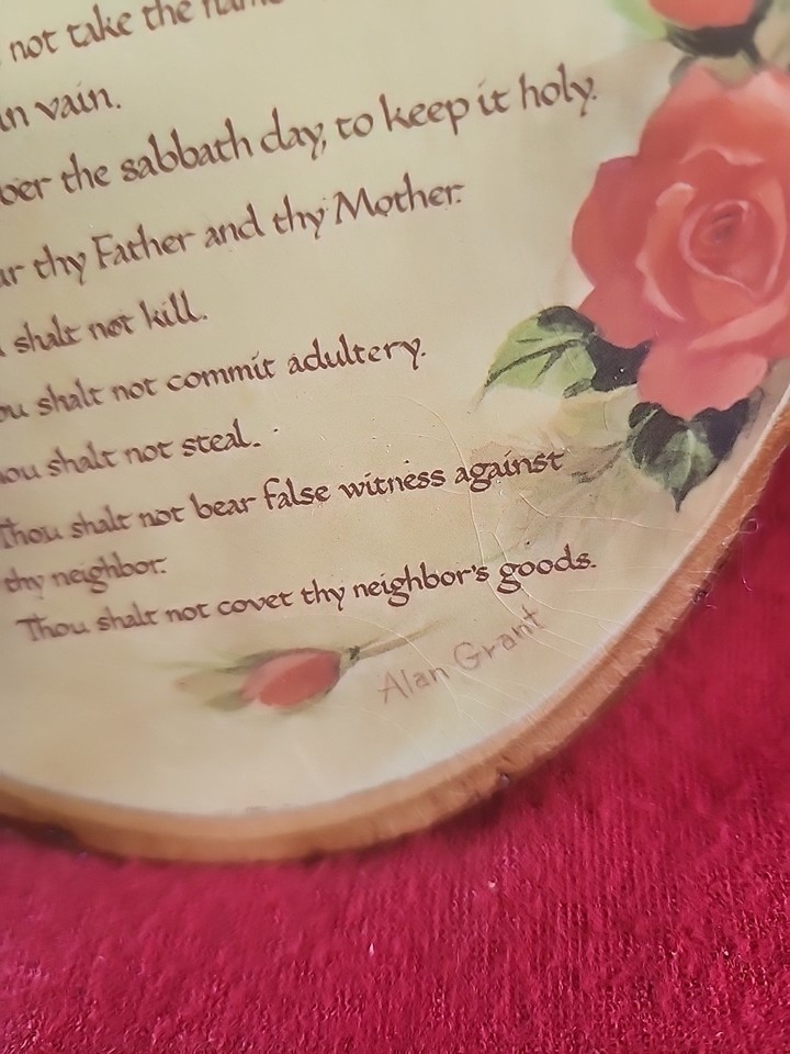 Vtg Alan Grant 'The Ten Commandments' Wood Log Slab Bark Plaque 10"x 5. ...